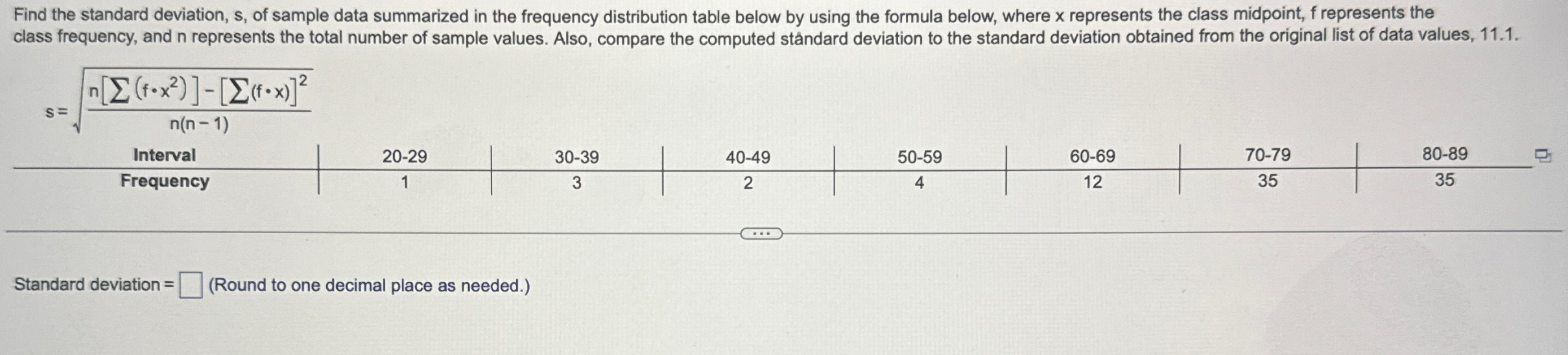 Solved Find the standard deviation, s, ﻿of sample data | Chegg.com