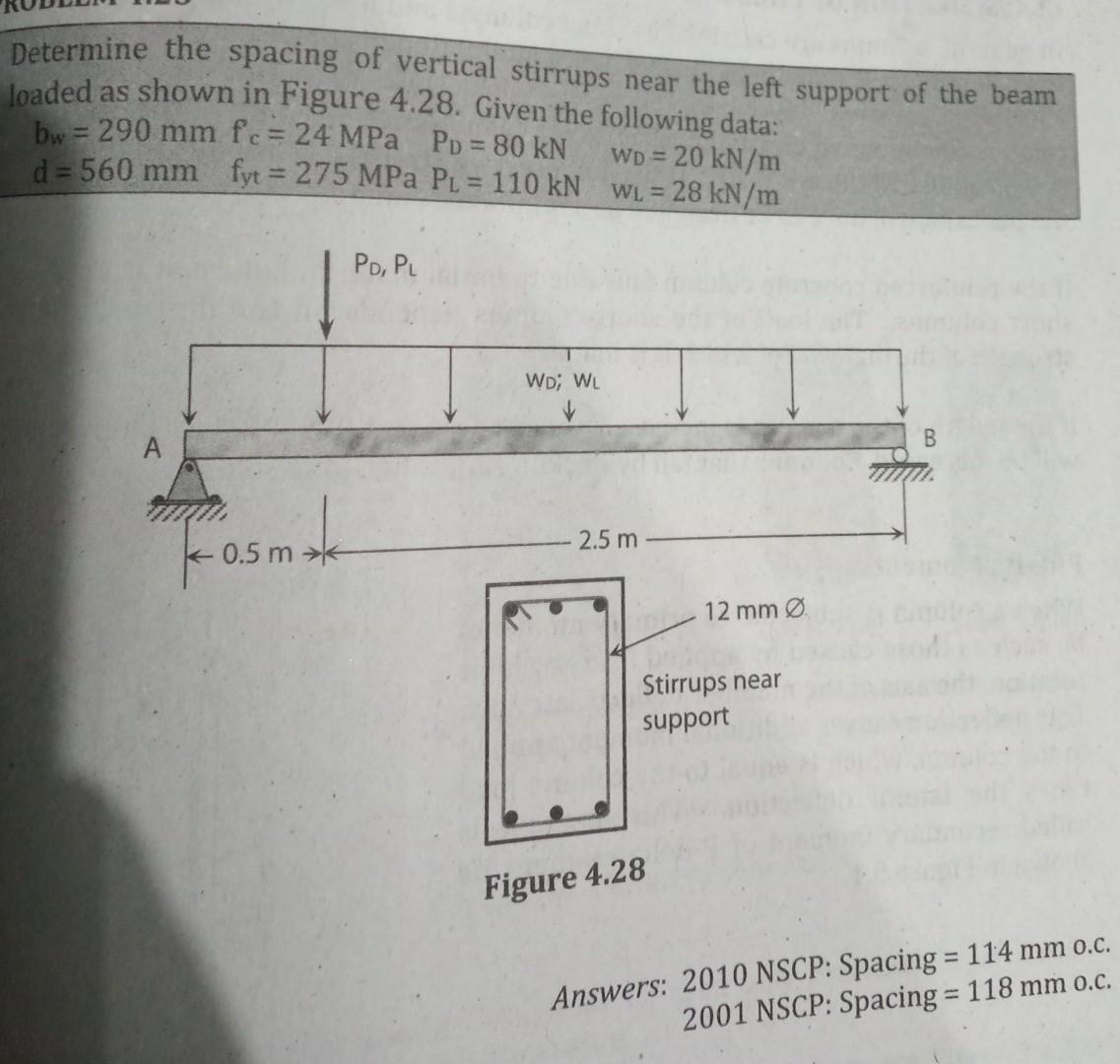 Solved Determine the spacing of vertical stirrups near the | Chegg.com