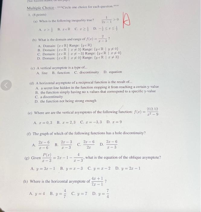 Solved [See Success Multiple Choice - ***Circle one choice | Chegg.com
