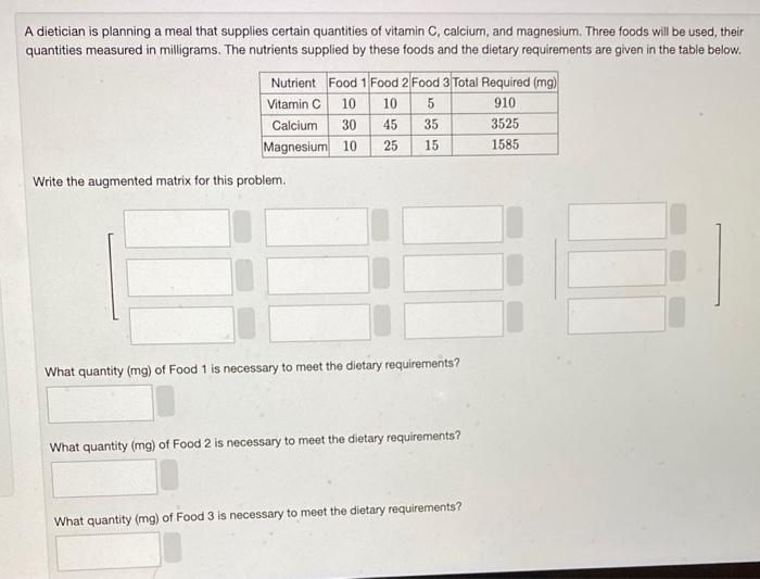Solved A dietician is planning a meal that supplies certain | Chegg.com