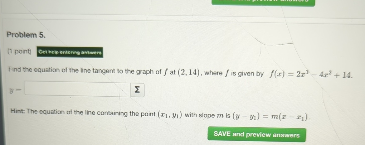 Solved Problem 5.(1 point)Find the equation of the line | Chegg.com Solved Problem 5.(1 point)Find the equation of the line | Chegg.com