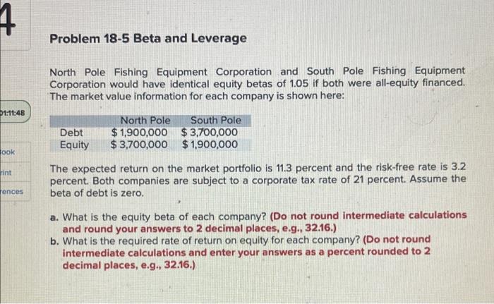Solved Problem 18-5 Beta and Leverage North Pole Fishing | Chegg.com