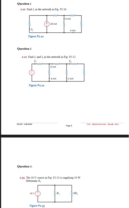 Solved Question 1 2.10 Find I, in the network in Fig. P2.10. | Chegg.com