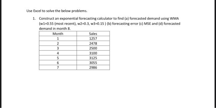 Solved Use Excel to solve the below problems. 1. Construct | Chegg.com