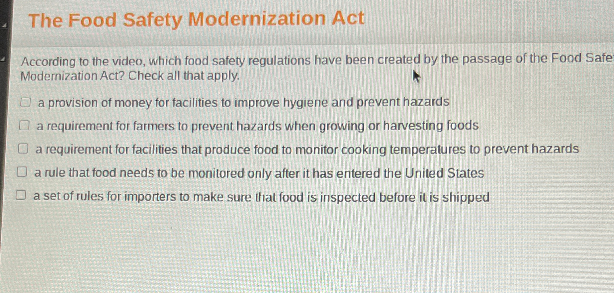 Solved The Food Safety Modernization ActAccording to the | Chegg.com