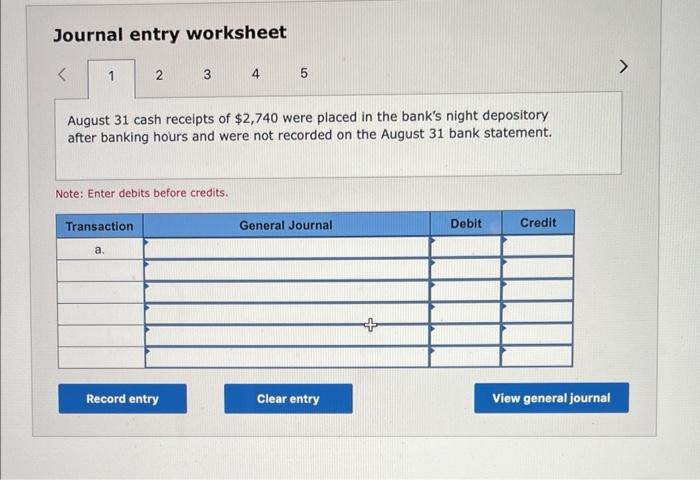 Solved Journal entry worksheet 5 August 31 cash receipts of | Chegg.com