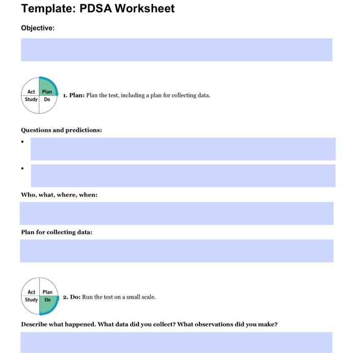 Solved Template: PDSA Worksheet Objective: Act Plan 1. Plan: | Chegg.com