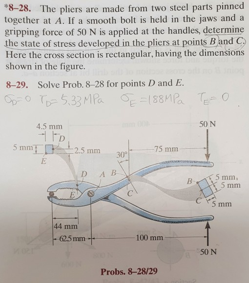 Solved *8–28. The pliers are made from two steel parts | Chegg.com