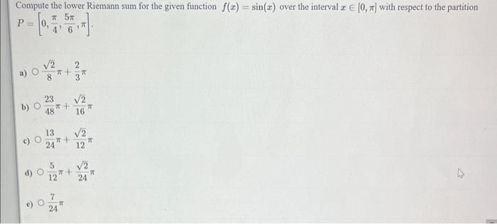 Solved Compute the lower Riemann sum for the given function | Chegg.com