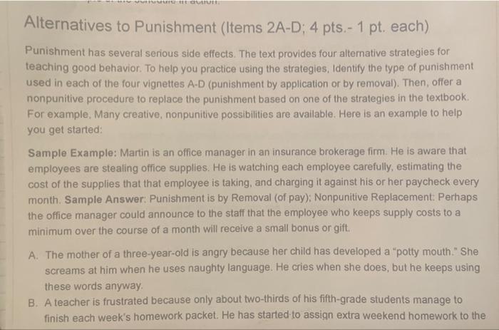 Solved Alernatives to Punishment (Items 2A-D; 4 pts.- 1 pt. | Chegg.com