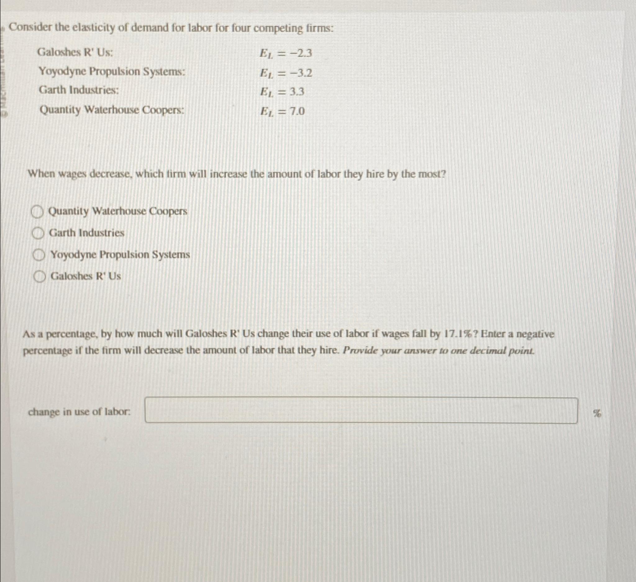 Solved Consider the elasticity of demand for labor for four | Chegg.com