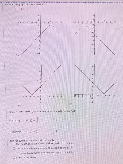 Solved y=∣5−x∣ Find any intercepts. (If an answer does not | Chegg.com