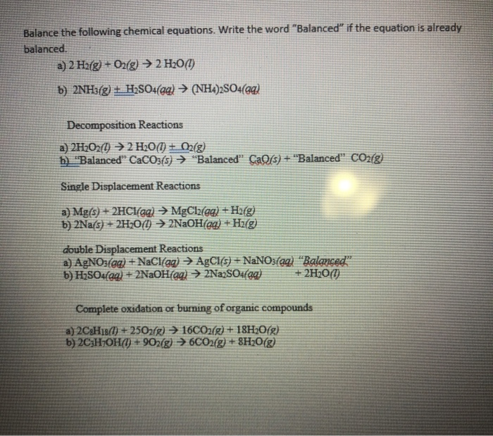 Solved Balance the following chemical equations. Write the | Chegg.com