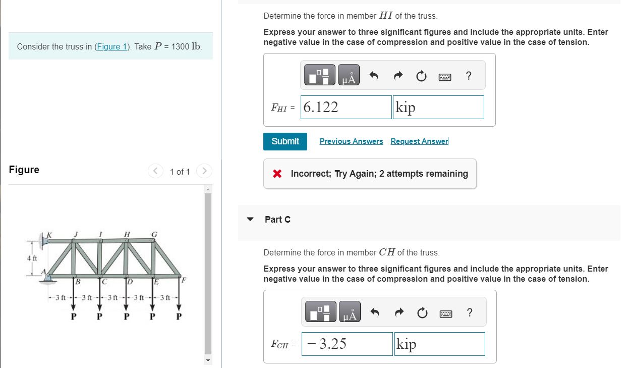 Solved Consider the truss in (Figure 1). ﻿Take P = 1300 ﻿lb | Chegg.com