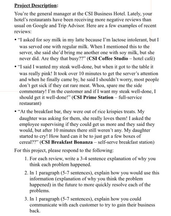 Solved Project Description: You're the general manager at | Chegg.com