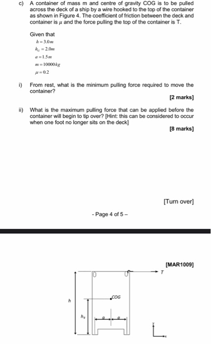 Solved c) A container of mass m and centre of gravity COG is | Chegg.com