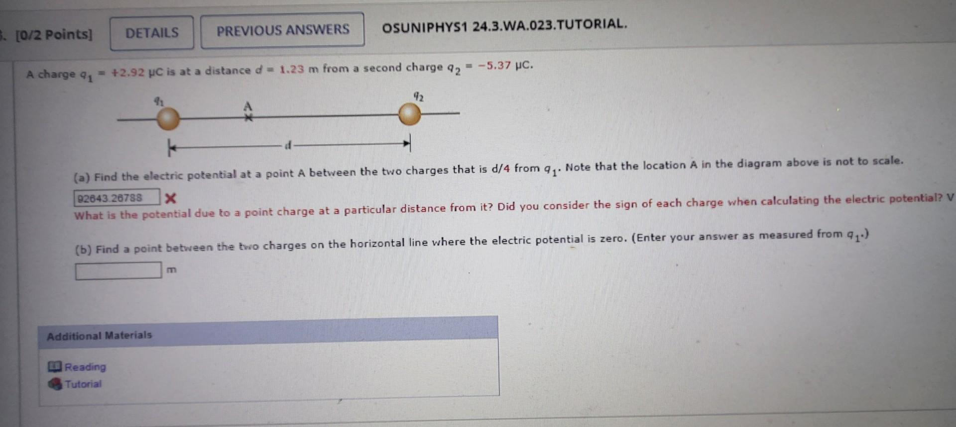 Solved charge q1=+2.92μC is at a distance d=1.23 m from a | Chegg.com