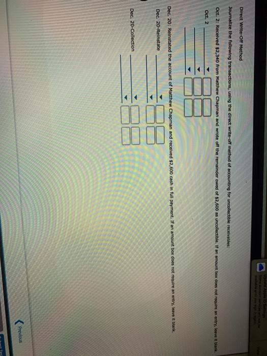 Solved Direct Write-Off Method Journalize the following | Chegg.com