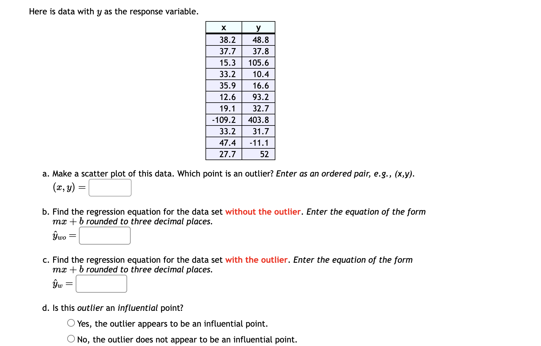 Solved Here is data with y ﻿as the response variable.a. | Chegg.com