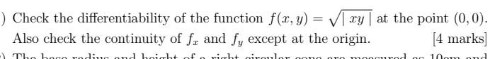Solved ) Check the differentiability of the function f(x, y) | Chegg.com