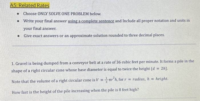Solved A5: Related Rates - Choose ONLY SOLVE ONE PROBLEM | Chegg.com
