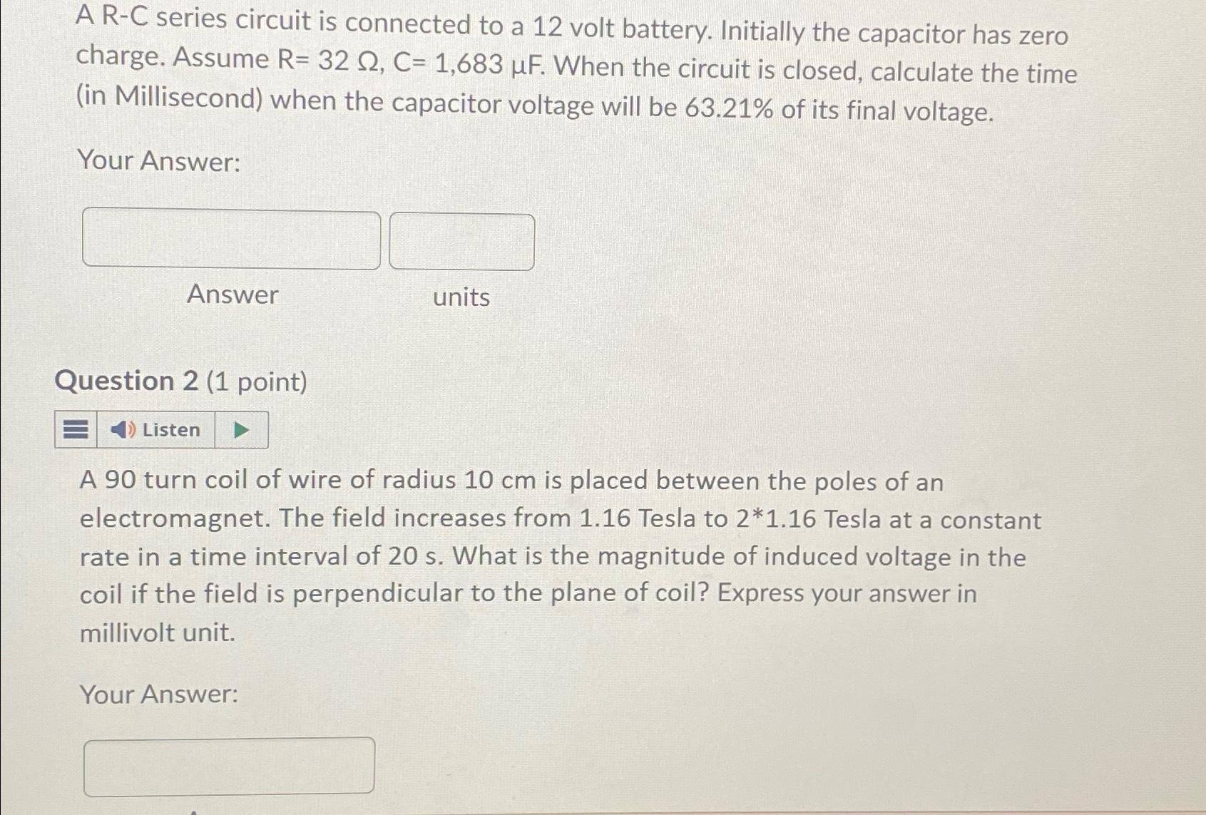 Solved A R-C series circuit is connected to a 12 ﻿volt | Chegg.com