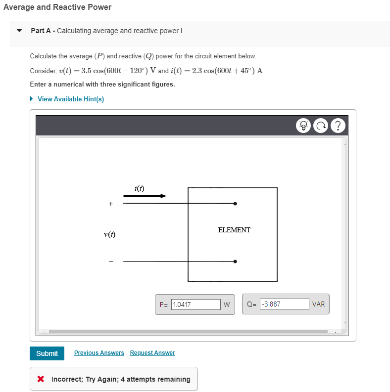 Solved Average and Reactive PowerPart A - ﻿Calculating | Chegg.com