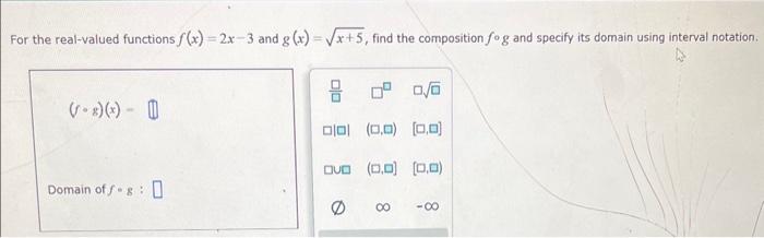 Solved For the real-valued functions f(x)=2x−3 and g(x)=x+5, | Chegg.com