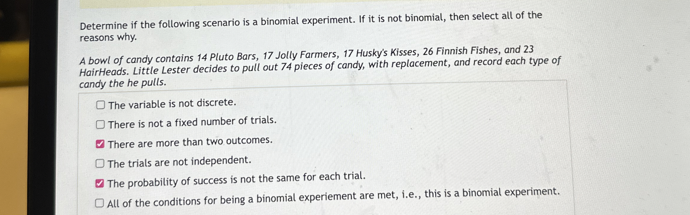 Solved Determine if the following scenario is a binomial | Chegg.com