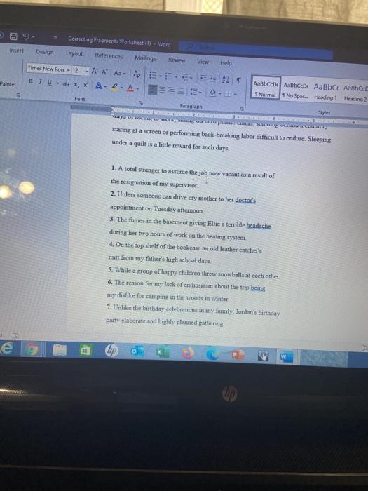 Insert Correcting Fragments Worksheet (1) - Word | Chegg.com