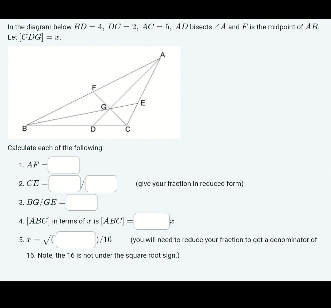 Solved In the diagram below BD=4,DC=2,AC=5,AD bisects ∠A and | Chegg.com