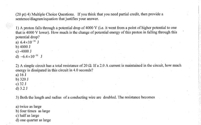 Solved (20 pt) 4) Multiple Choice Questions. If you think | Chegg.com