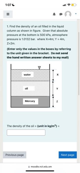 Solved 1. Find the density of an oil filled in the liquid | Chegg.com