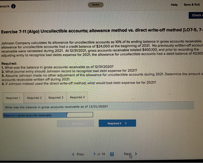 Solved Saved Help ework 0 Save & Exit Checkr Exercise 7-11 | Chegg.com