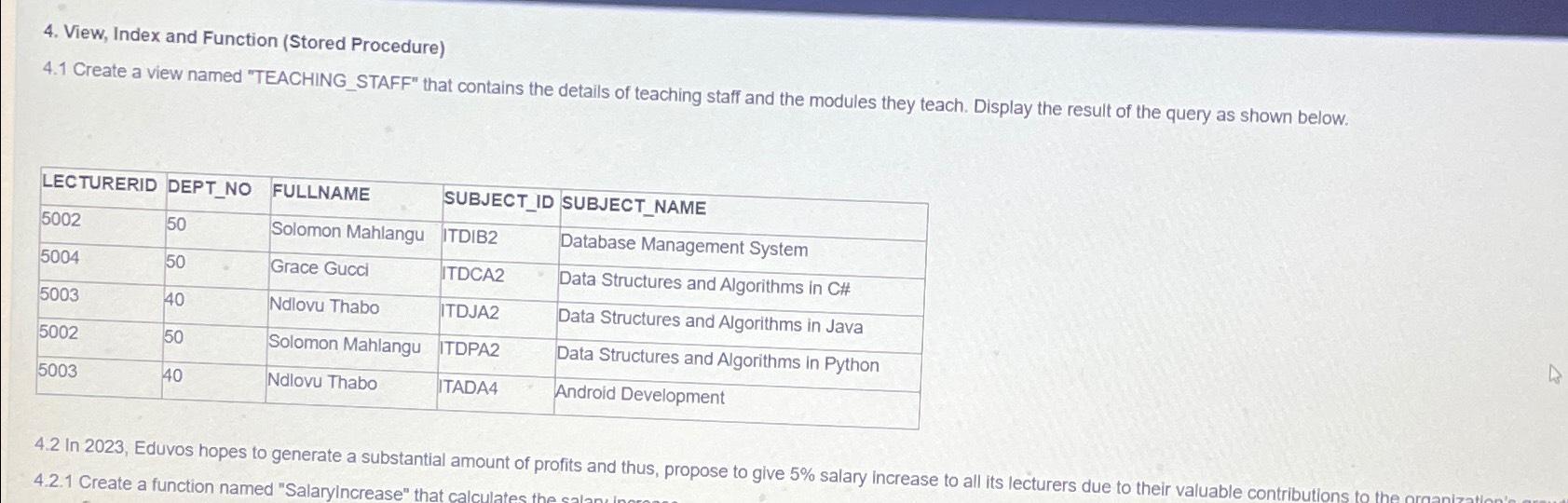 Solved View, Index and Function (Stored Procedure)4.1 | Chegg.com