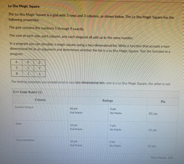 Solved Lo Shu Magic Square The Lo Shu Magic Square is a grid | Chegg.com
