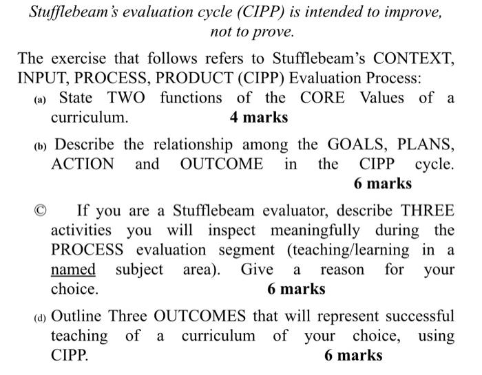 Solved Stufflebeam's evaluation cycle (CIPP) is intended to | Chegg.com