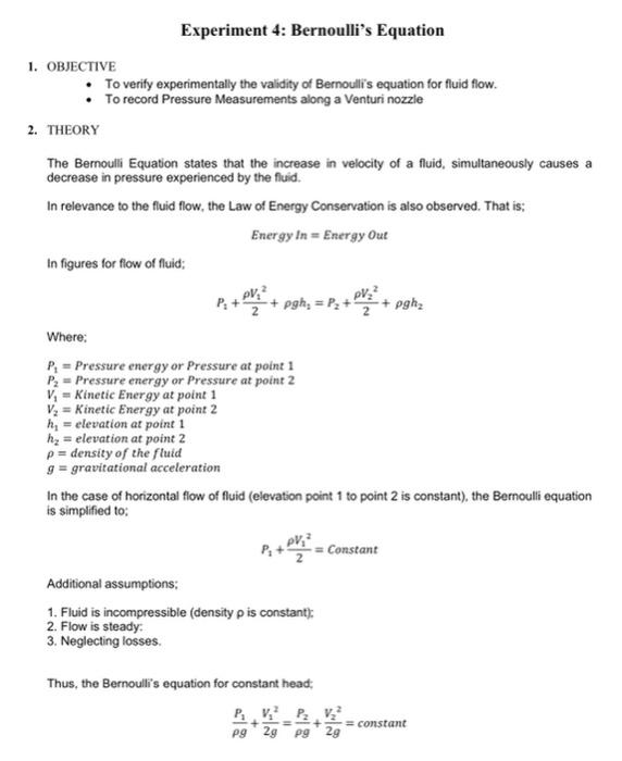 Solved Experiment 4: Bernoulli's Equation 1. OBJECTIVE • To | Chegg.com