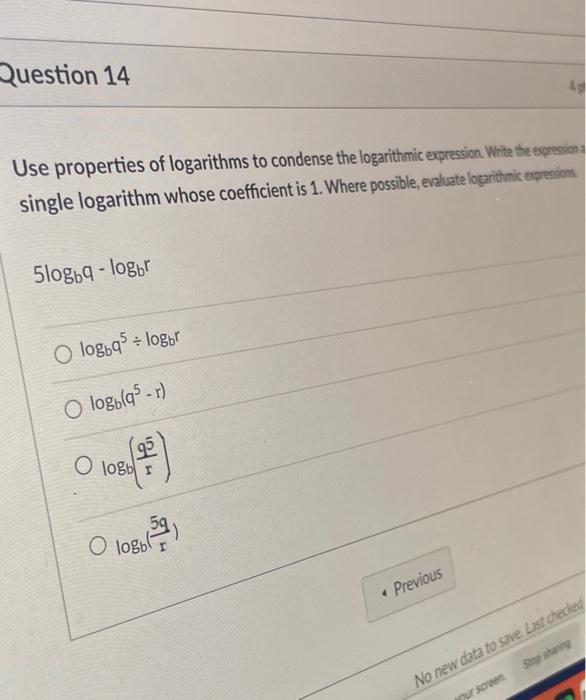 Solved Use properties of logarithms to condense the | Chegg.com