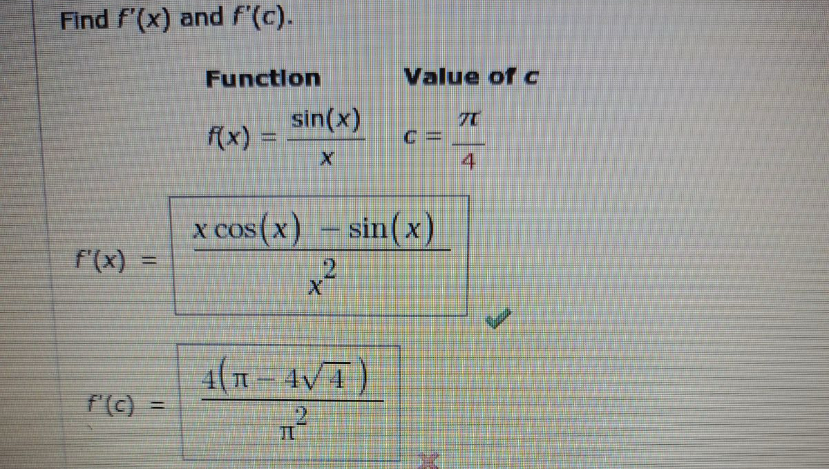 Solved Find f'(x) ﻿and f'(c) ﻿Function Value | Chegg.com