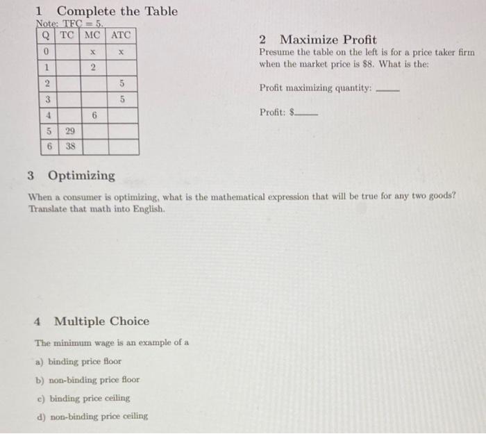 1 Complete the Table Nota. Tre -5 2 Maximize Profit | Chegg.com