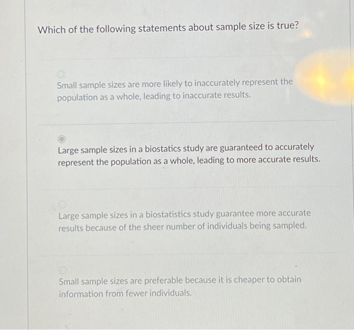 Solved Which of the following statements about sample size | Chegg.com