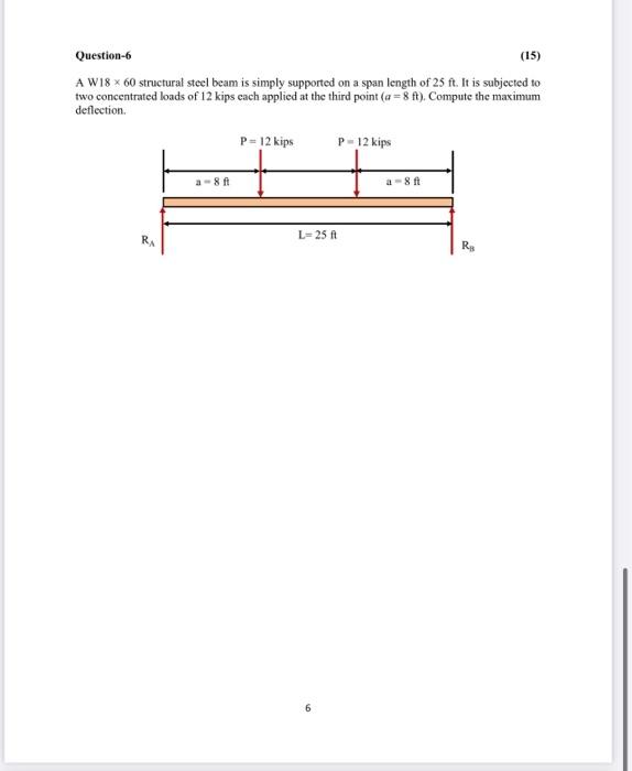 Question-6 A W18 ×60 structural steel beam is simply | Chegg.com