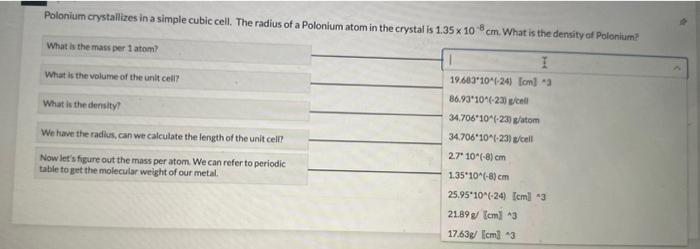 Solved Polonium crystalizes in a simple cubic cell. The | Chegg.com