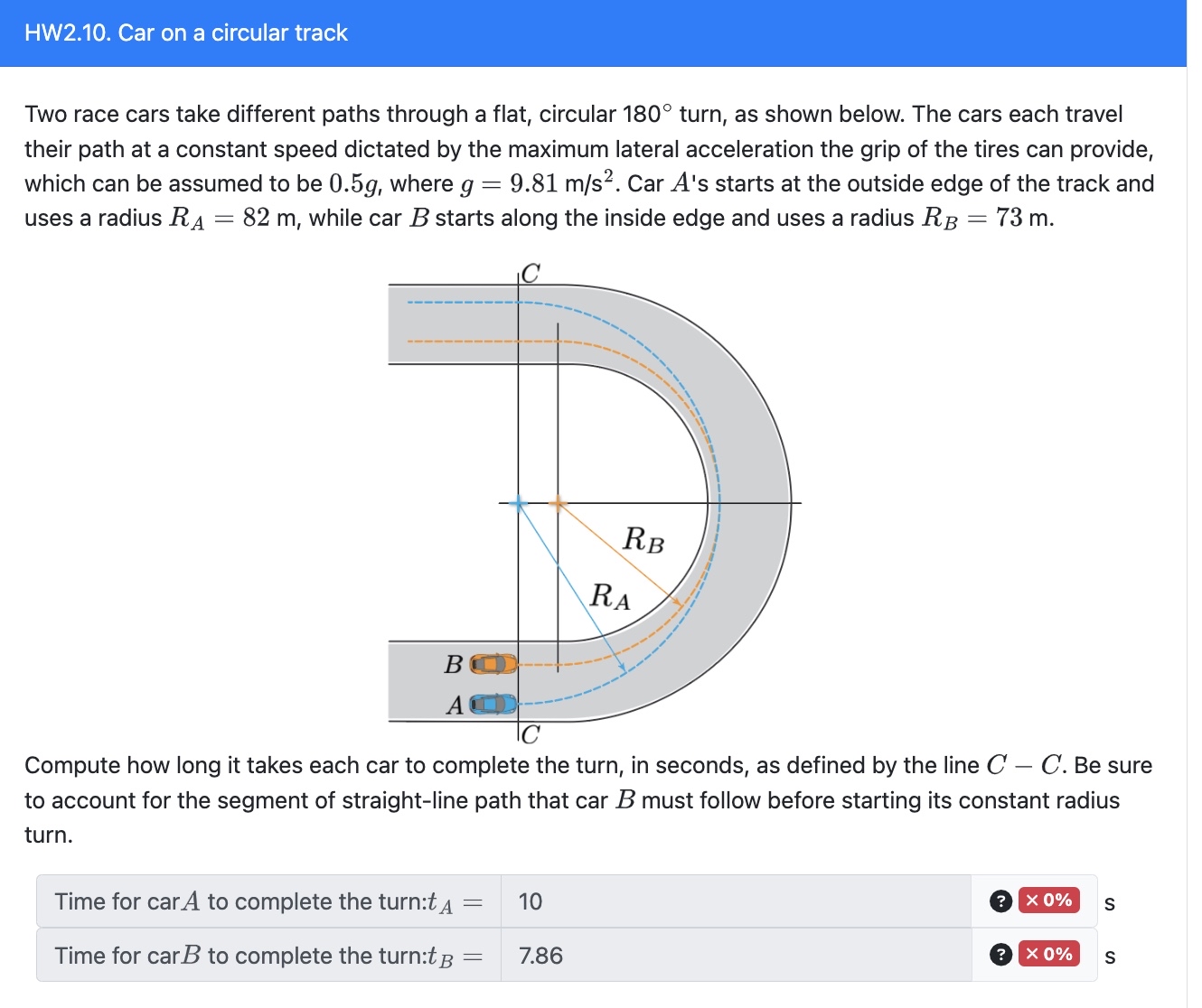 Solved HW2.10. ﻿Car on a circular trackTwo race cars take | Chegg.com
