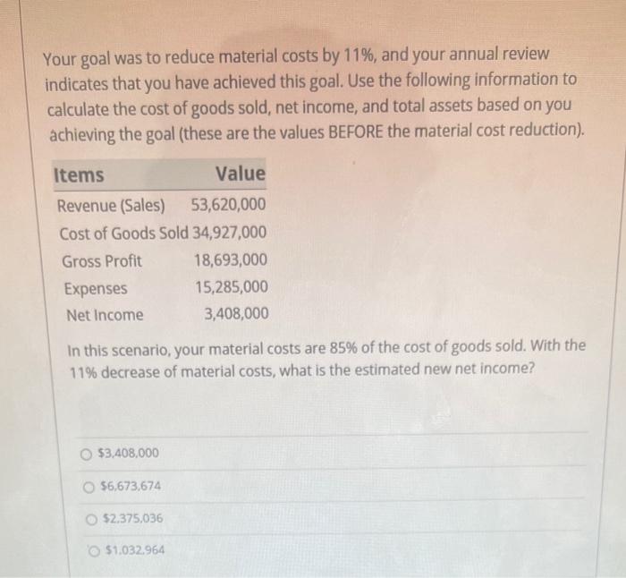Solved Your goal was to reduce material costs by 11%, and | Chegg.com
