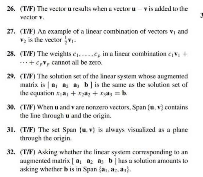 Solved 26. (T/F) The vector u results when a vector u−v is | Chegg.com