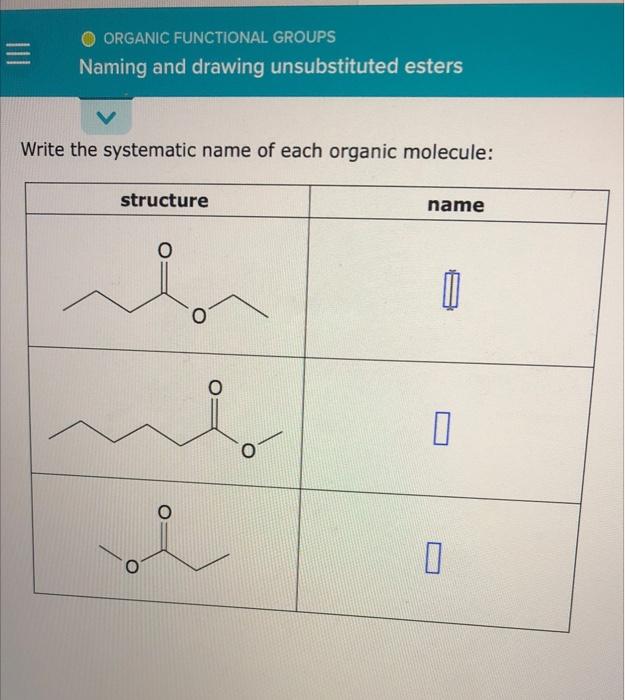 Solved ORGANIC FUNCTIONAL GROUPS Naming and drawing | Chegg.com