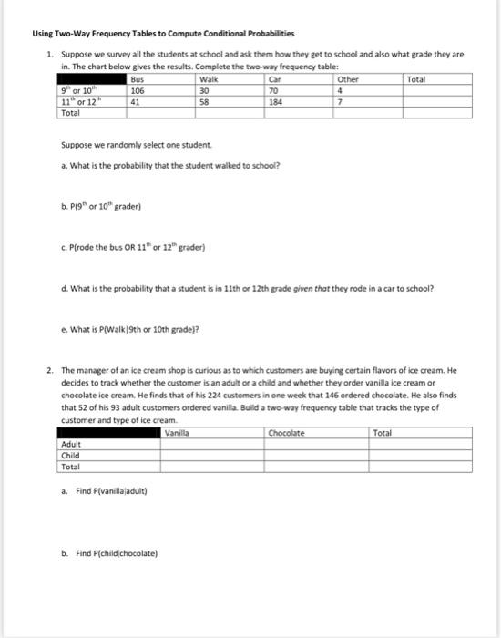 Solved Using Two-Way Frequency Tables to Compute Conditional | Chegg.com