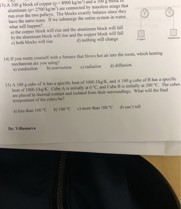 Solved 13) A 100 g block of copper (p = 8900 kg/m³) and a | Chegg.com